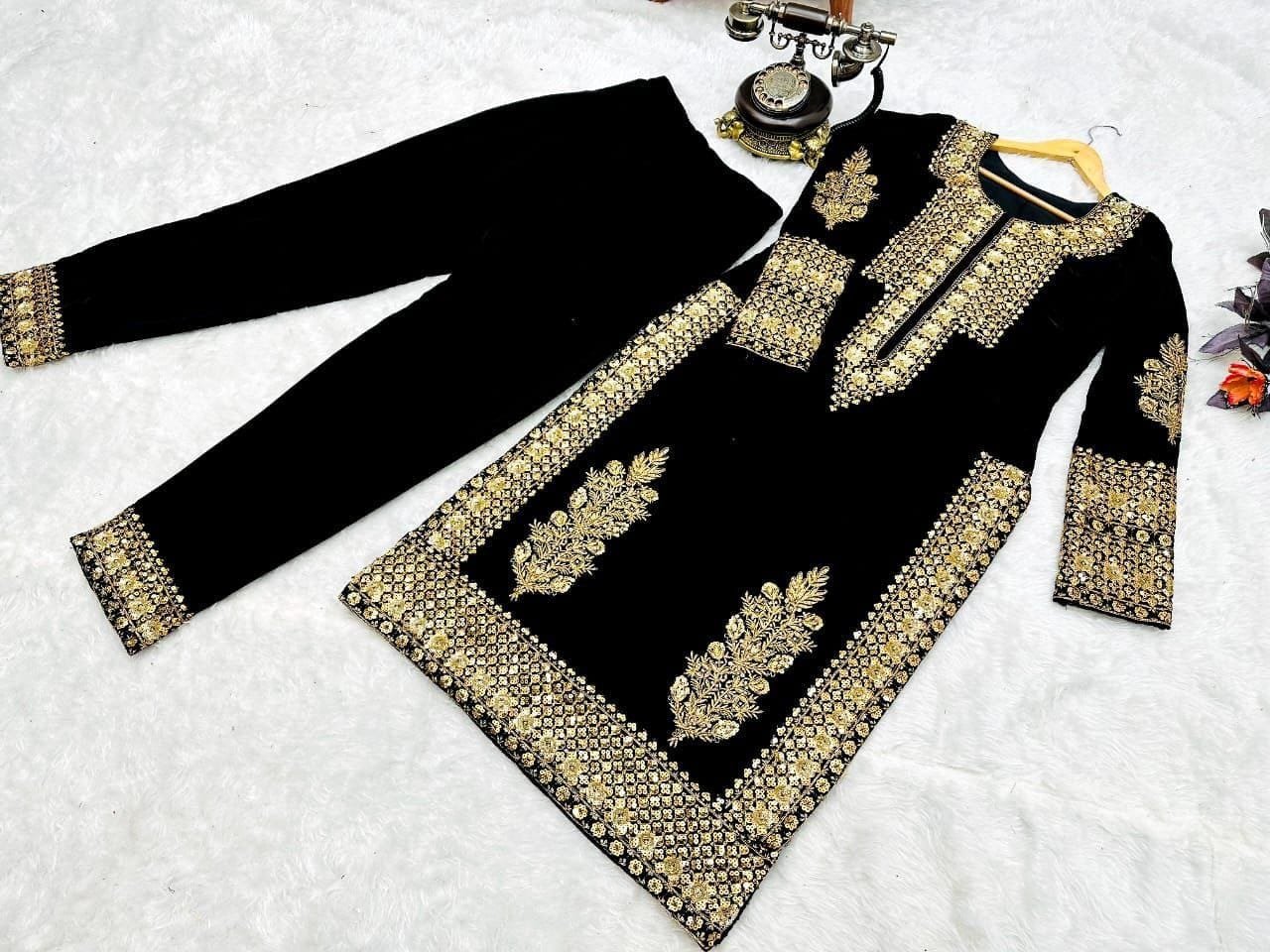 Black Velvet Ensemble with Elegant Embroidery - Azaayah: Online ...